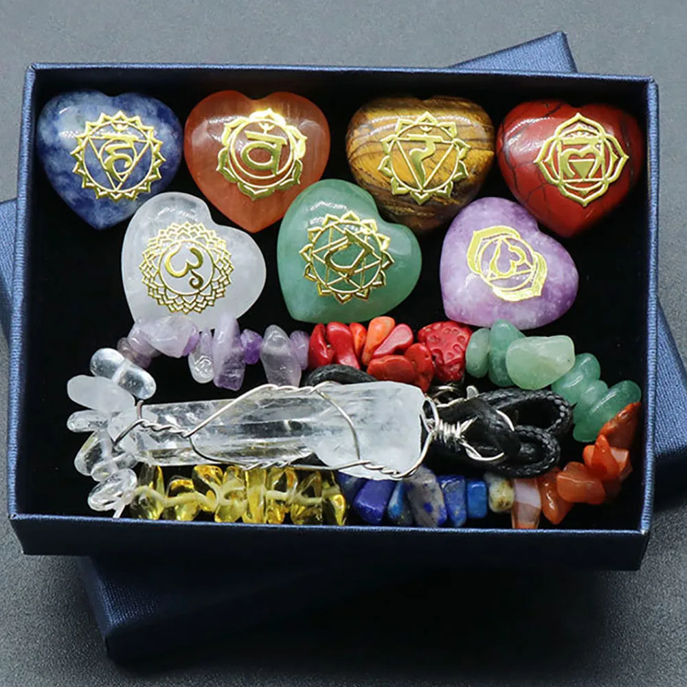 7 Chakra Natural Healing Crystals Set Heart-Shaped Tumbled Palm Stone ...